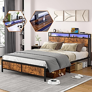 QSOSTNS Bed Frame with Ergonomic Headboard, 14 inch Fast Assembly Metal Bed with LED Lights, Outlets & USB, Bed Frame Full Size with Storage, Noise Free, No Box Spring Needed (Full)
