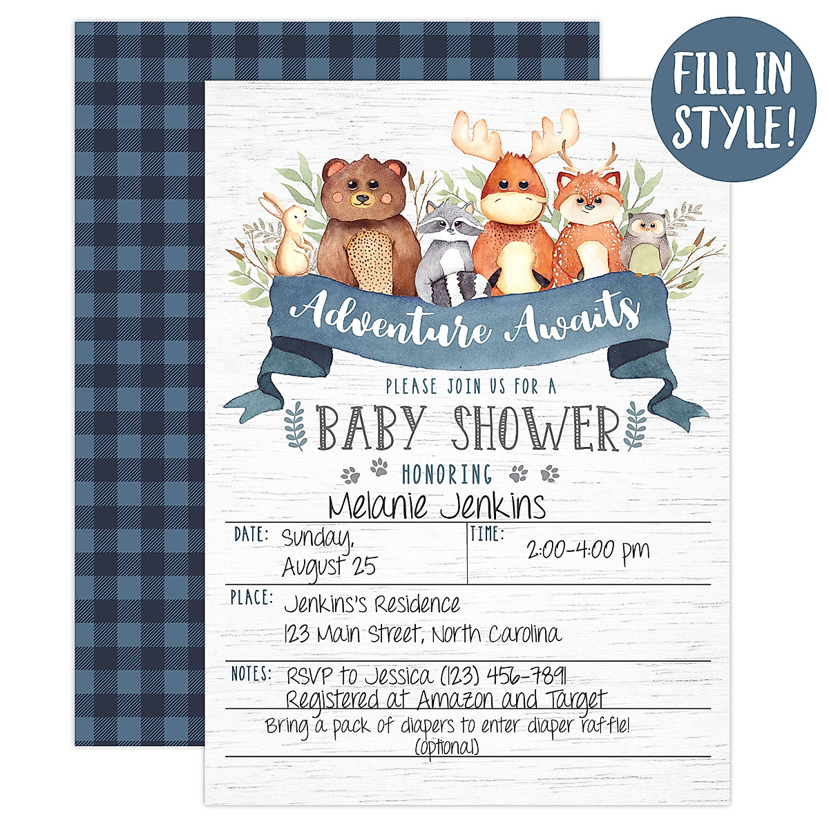Blue Woodland Baby Shower Invitations, Forest Animal Baby Shower Invitations for Boy, Adventure Awaits Lumberjack with Bear, Moose, Raccoon, Deer, Baby Sprinkle, 20 Fill in Invitations and Envelopes