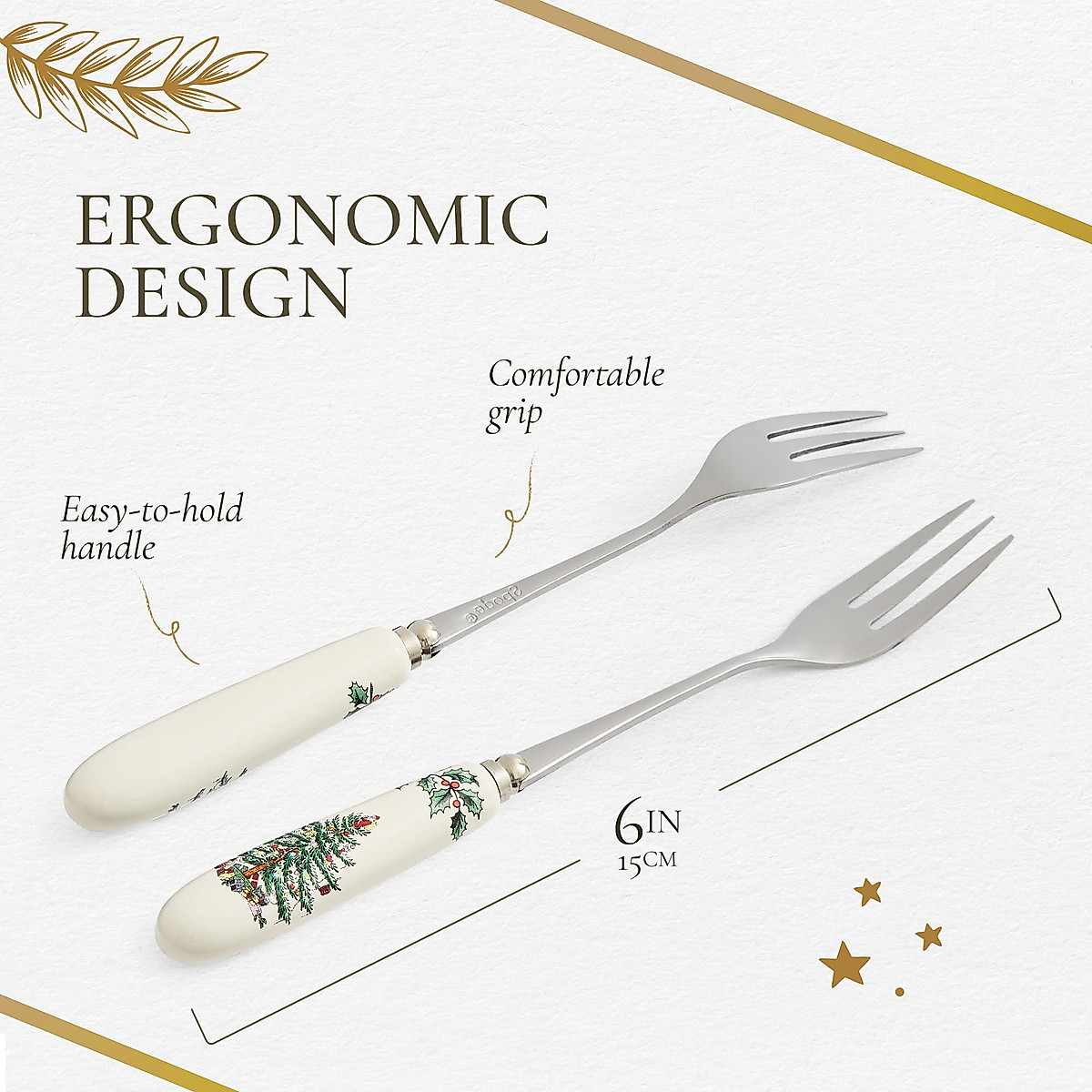 Spode Christmas Tree Collection Pastry Forks, Set of 6, Stainless Steel Fork, Porcelain Handle, 6-Inch Salad, Spaghetti, Appetizer, and Dessert Fork, Holiday Silverware