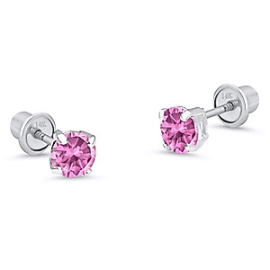 14k White Gold 4mm Basket Pink Round Cubic Zirconia Children Screw Back Baby Girls Earrings