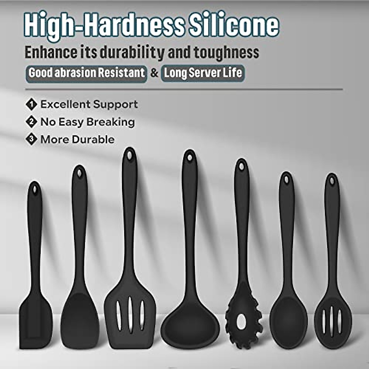 Silicone Cooking Utensils Set, E-far 7-Piece Black Heat Resistant Kitchen Utensils Set, Kitchen Nonstick Tools Spatula Ladle Spoon Pasta Server for Non-stick Cookware, Non-Toxic & Dishwasher safe
