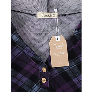 Cyanstyle Women's Long Sleeve Henley V-Neck Button Sweatshirt Tunic Hoodies Casual Pullover with Drawstring Purple Plaid Medium