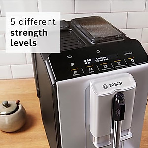 Bosch TIU20307 300 Series Fully Automatic Espresso Machine with Milk Express (in-cup frother), LCD + Touch Control Panel, OneTouch Milk-based Beverages and 5 Beverage Options, in Silver