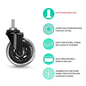 Hirate 3" Office Chair Casters Wheel with 5/16"-18UNC Threaded Stem Heavy Duty Caster Replacement Smooth Rolling for Hardwood Floors, Set of 5 with Nylon Lock Nuts