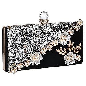 UBORSE Black Beaded Pearl Clutch Purses for Women Formal Evening Bags Rhinestone Flower Velvet Wedding Purse Prom Cocktail Party Handbags