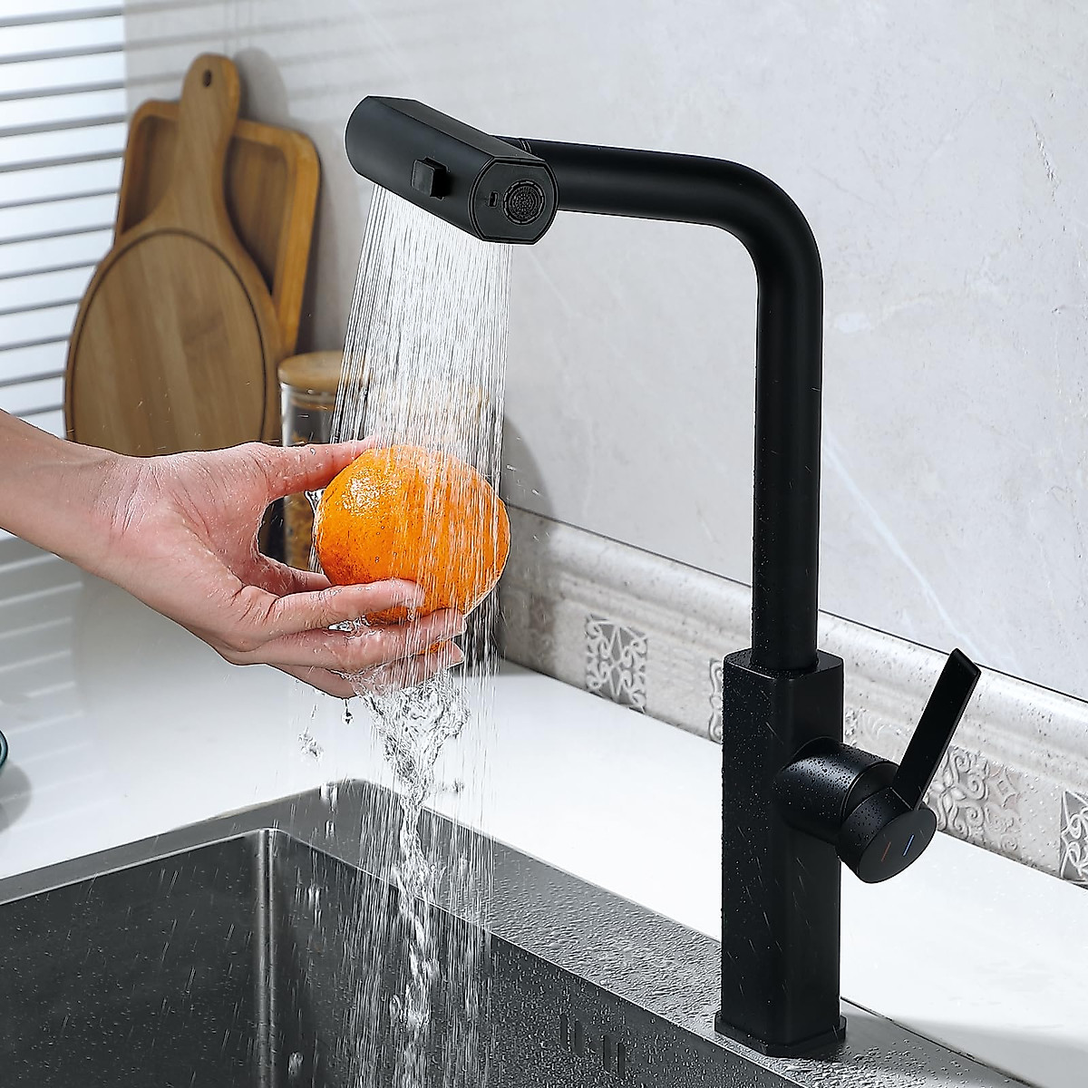 TRIPHIL Kitchen Faucet with Pull Down Sprayer,Matte Black Kitchen Faucet with 360° Rotate,Stainless Steel Single Handle Pull Out Kitchen Faucets for RV Outdoor,Grifo para Fregaderos de Cocina