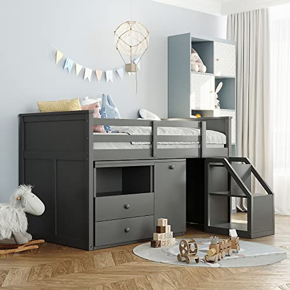 Twin Loft Bed for Kids, Low Study Wooden Loft Bed Frame with Movable Portable Desk and Storage Steps, Low Loft Bed for Kids, Teens (Gray)