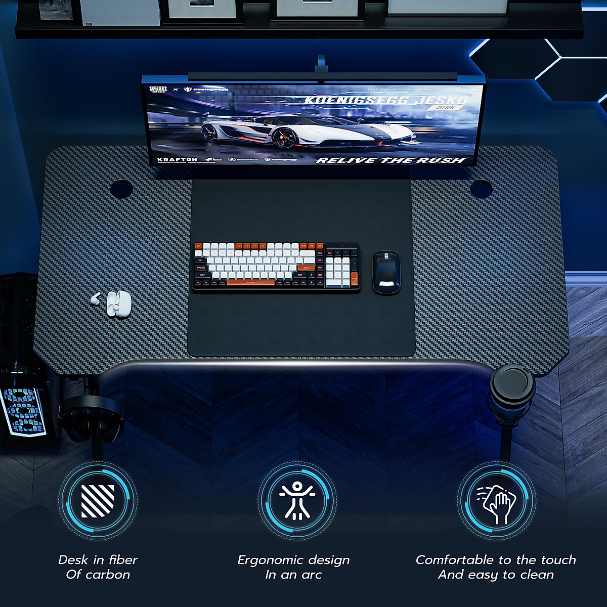 WEMUZVIU 47 Inch Gaming Desk, Ergonomic Carbon Fiber Surface Computer Table, A-Shaped PC Gamer Workstation with Cup Holder & Headphone Hook, Home Office Desk (ZK-A, 47 INCH)