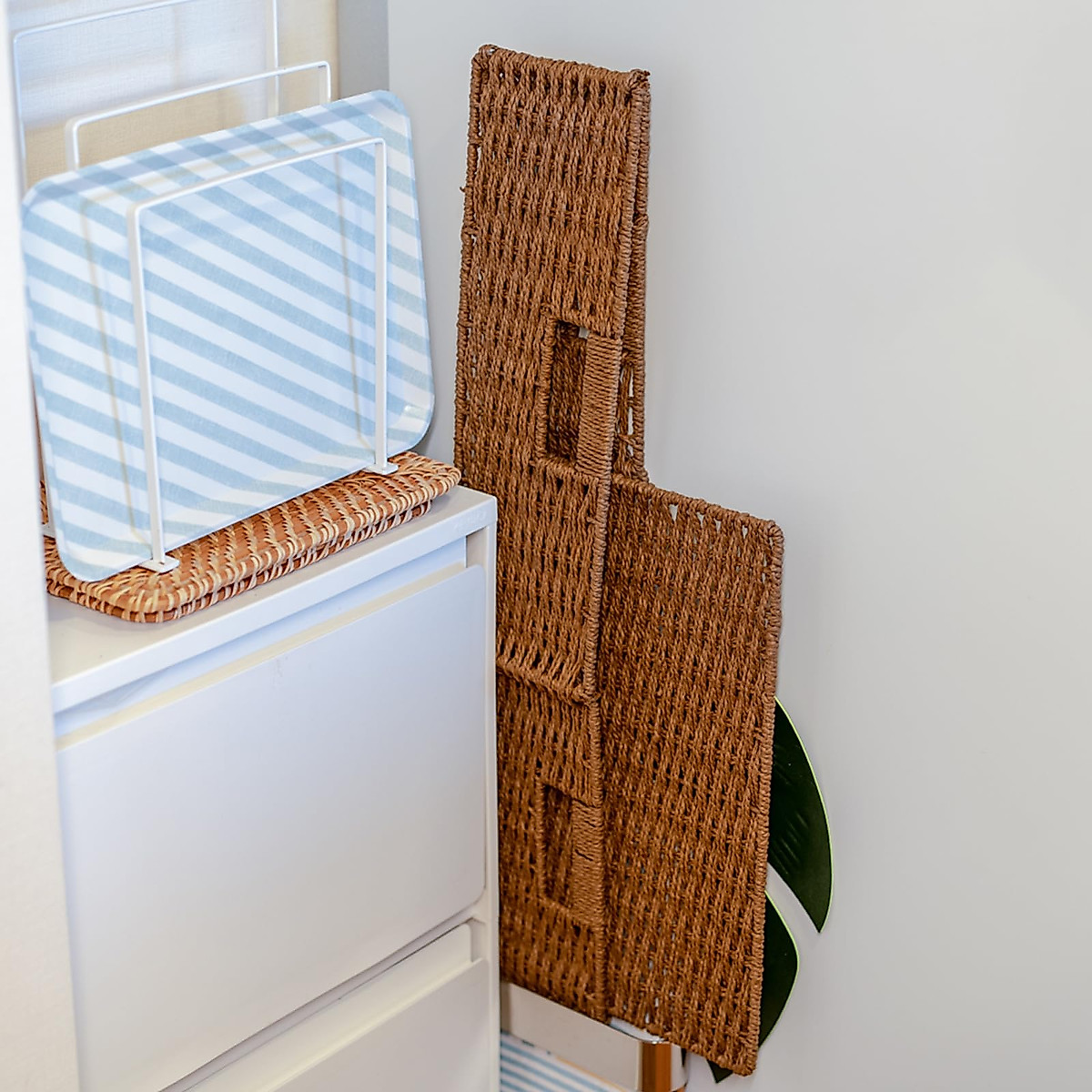 Storage Baskets 2-Pack, Natural Ingredients Foldable Paper Rope Baskets for Organizing, 14.9 x 10.2 x 4.7 inches, Sturdy Baskets with Handles, Closet and Shelf Organizers, Foldable Baskets for Clothes