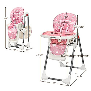 BABY JOY Folding High Chair for Babies & Toddlers, Infant Dining Chair w/Removable Dishwasher Safe Tray, 5-Point Safety Belt, Wheels, Detachable Cushion, Adjustable Backrest Footrest & Height (Pink)