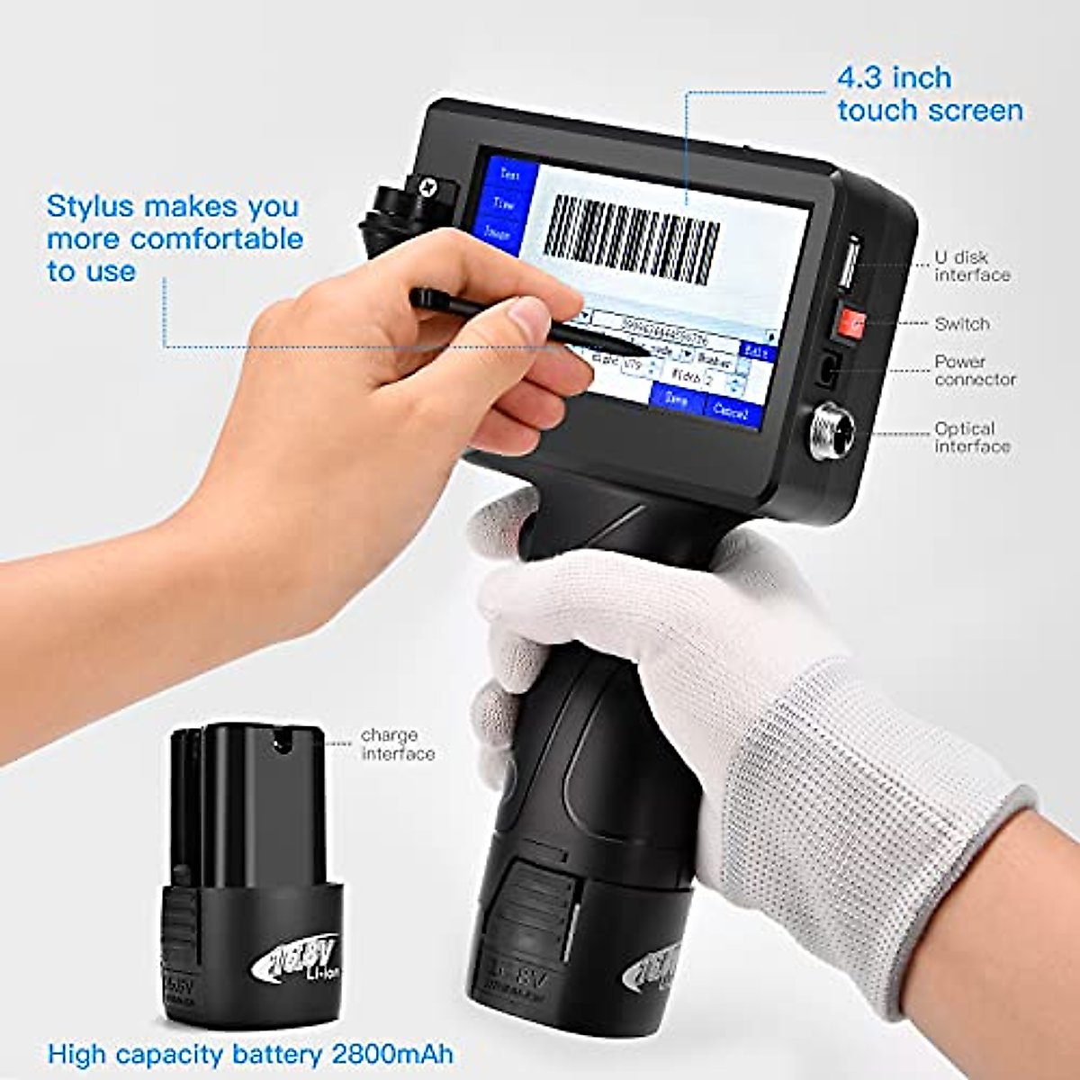 Handheld Inkjet Printer Quick-Drying Smart Portable Inkjet Printer with 4.3 Inch LED Touch Screen High Definition Label Printer for DateTrademark Logo Coder Label Print