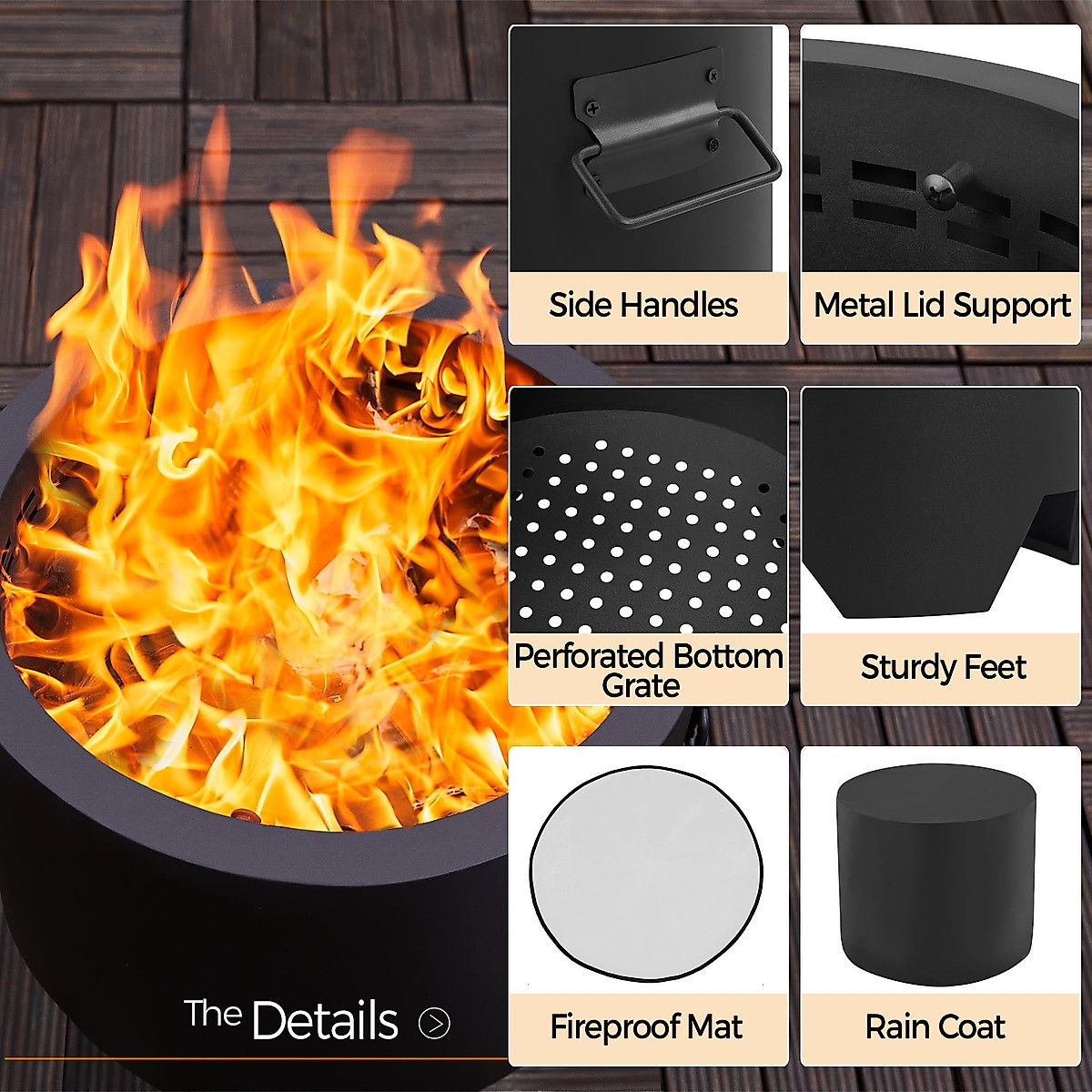 Yaheetech Smokeless Fire Pit for Outdoor Garden Patio Camping W/Silicone Fire Pit Mat & Fire Poker & Rain Cover & Lid & Log Grate, 16in
