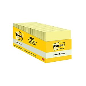 Post-it Notes 3 in x 3 in, 18 Pads, America's’s #1 Favorite Sticky Notes, Canary Yellow, Clean Removal, Recyclable (654-18CP)