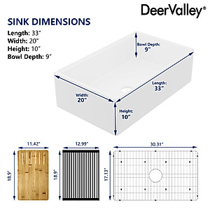 DeerValley 33" White Farmhouse Sink for Kicthen, Fireclay Kitchen Sink - Deep Single Bowl Apron Front Sink with Workstation Accessories