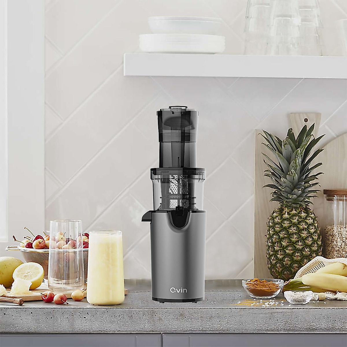 Qvin Compact Slow Masticating Juicer machines 3inch Large Feed Chute, Easy to Clean, BPA Free, 200W Nutritional electrical Cold Press Juicer machine vegetable and fruit,Deluxe Silver-gray