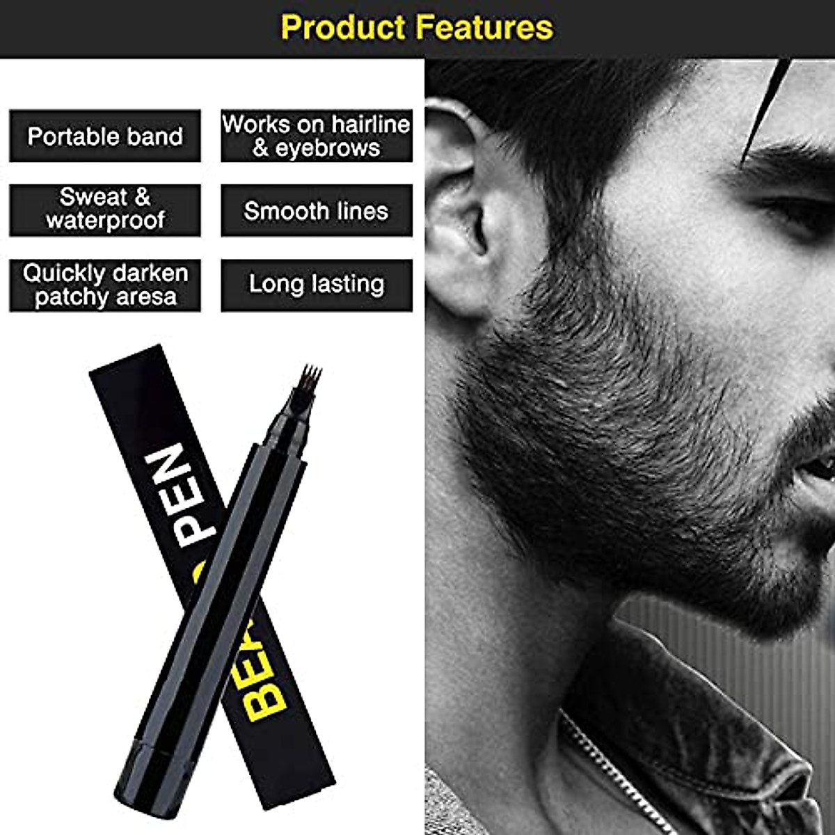 Beard Pencil Filler for Men, 2 Pack, Eyebrow Pen, Beard Filling Pen Kit - WaterProof, Long Lasting Coverage - Beard, Moustache, Eyebrows, Beard Dye for Men, Bristle Brush (2 pcs Black)…