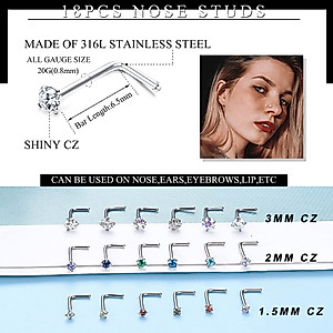 ZZHDCC Nose Studs 20G 316L Surgical Steel Nose Rings Studs For Women Men Lip Cartilage Nose Piercing Jewelry 18PCS Colorful CZ Heart Star L Shaped Nose Rings (L Shaped)