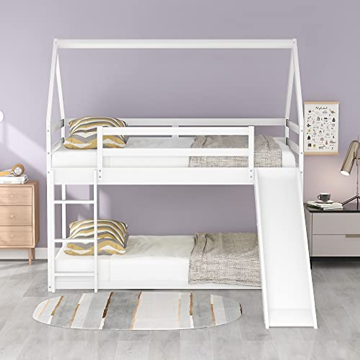 House Shape Bunk Bed with Slide and Ladder, Twin Over Twin Low Wooden Bed Frame with Guardrails for Teens Girls Boys, White (White)