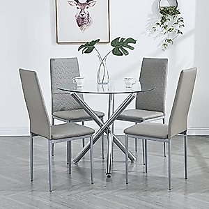 paonne Round Dining Table Set for 4, Glass Round Kitchen Table and Chairs for 4, 5-Pieces Table with Chair Set