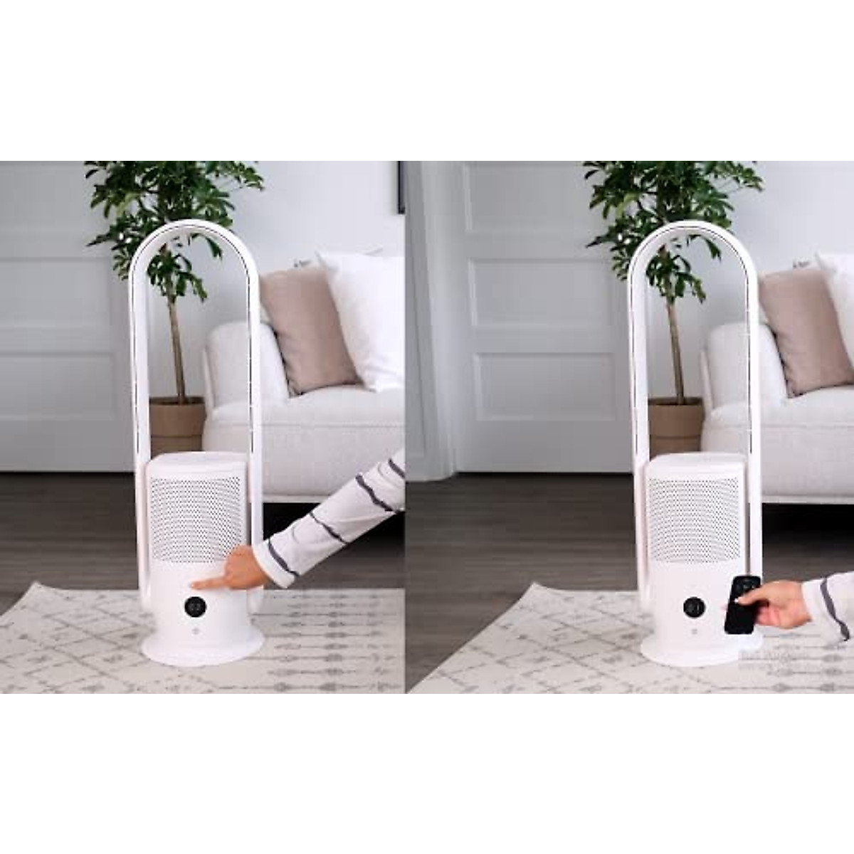 ULTTY Bladeless Tower Fan and Air Purifier in one, True HEPA Filter 99.97% Smoke Dust Pollen Dander, Oscillating Tower Fan with Remote Control R22, White