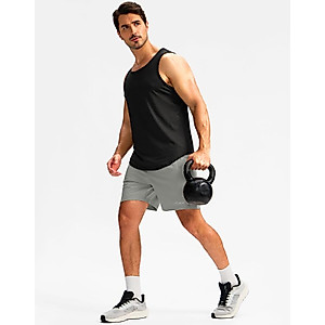 Pudolla Men's Workout Running Shorts with 3 Zipper Pockets Lightweight 7" Gym Shorts for Men Athletic Walking Hiking(Bright Grey Medium)