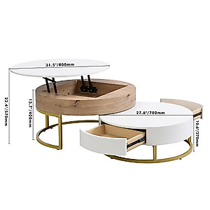 Modern Lift-top Coffee Table for Living Room, Set of 2 Round Nesting Coffee Table, Center Table with 2 Drawers, Suitable for Living Room and Office (Oak Natural Wood + Antique White)