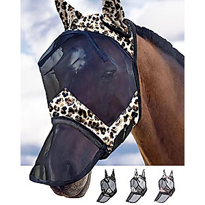 Harrison Howard LumiVista Horse Fly Mask Long Nose with Ears UV Protection for Horse Leopard Print M Cob