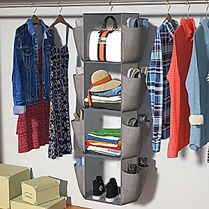 coastal rose Rotating Closet Organizer with 24 Pockets,4-Tier Hanging Shoe Organizer for Closet, Hanging Closet Organizers and Storage Shelves, Space Saving Closet Shelf, Grey