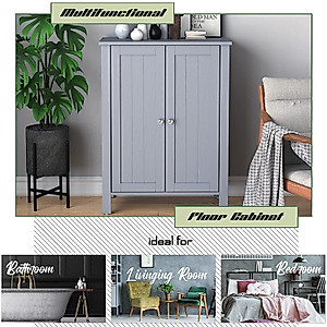 LUARANE Wooden Bathroom Floor Storage Cabinet, Side Storage Organizer Cabinet with Double Doors and Adjustable Shelves, Free Standing Sideboard for Entryway Bathroom Kitchen (Grey)