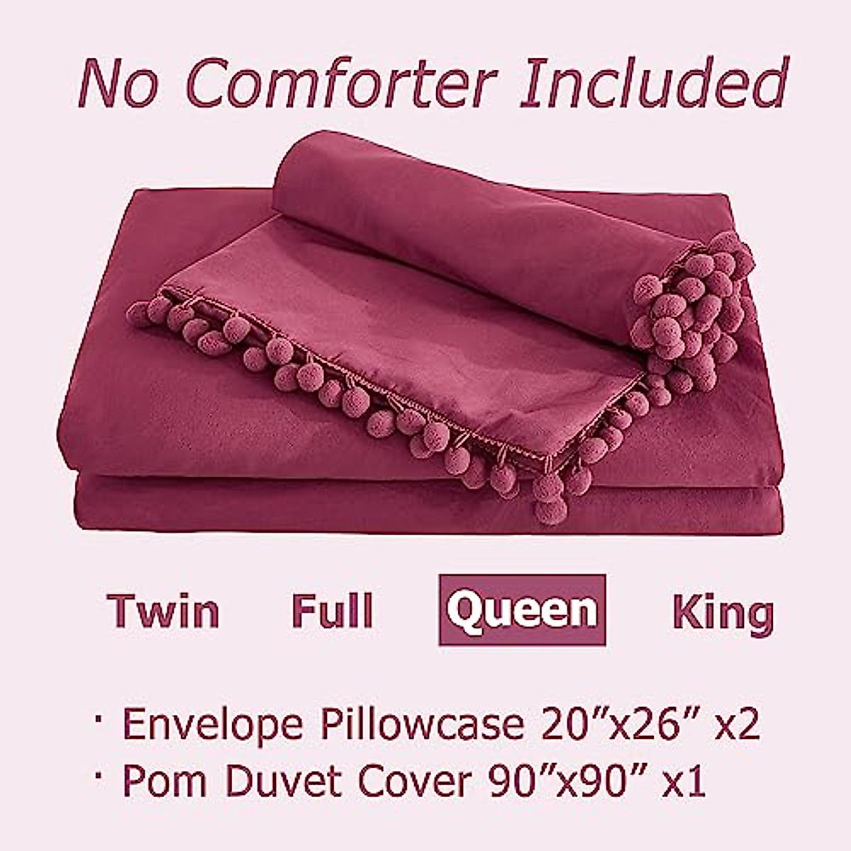Andency Pom Pom Fringe Duvet Cover Queen Size (90x90 Inch), 3 Pieces (1 Solid Burgundy Red Duvet Cover, 2 Pillowcases) Soft Washed Microfiber Duvet Cover Set with Zipper Closure, Corner Ties