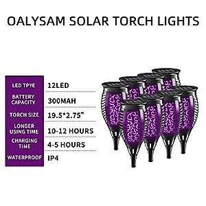 Solar Tiki Torch Lights with Flickering Flames for Garden, Torch Stake Light Outdoor Decorative, Waterproof Landscape Flame Lights with Auto On/Off for Garden Party Pathway (8 Pack Purple, 12 LEDs)