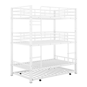 Harper & Bright Designs White Triple Bunk Bed with Trundle, Twin Over Twin Bunk Beds, Metal Quad Bunk Beds, 3 Bunk Beds with 2 Ladders & Guardrails, Convertible Heavy Duty Steel Frame