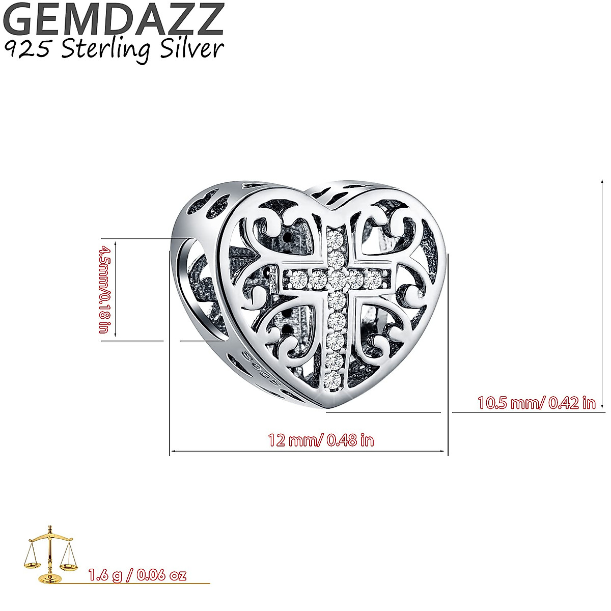 Religious Cross in Heart Charms, fits Pandora Christmas Easter Bracelet, 925 Sterling Silver Symbol of Faith Christ Beads, Gift for First Mothers Day/Grandma/Godmother