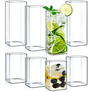 Tessco 8 Set Square Drinking Glasses Square Glass Cup Clear Highball Drink Tumbler for Coffee Beer Juice High Borosilicate Material Light Weight Small Size Short Cute Glass Set (8.5 oz, 12 oz)