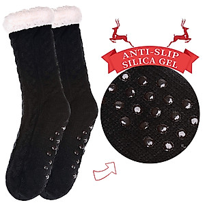 SDBING Women's Winter Super Soft Warm Cozy Fuzzy Fleece-Lined with Grippers Slipper Socks (Black)