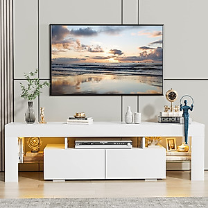 JUMMICO TV Stand, Modern Lighting TV Cabinet Entertainment Center Media and Open Shelf, TV Console Table with 1 Drawer and Remote Control, 20 Color LED Lights up to 70 Inch TV (White)