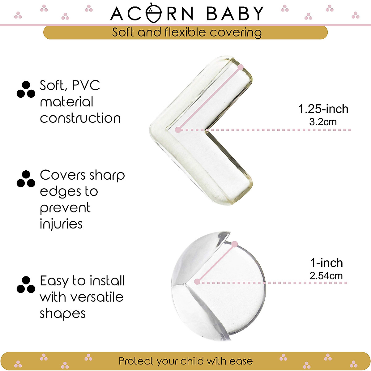 Acorn Baby Clear Corner Guards - 20pk Round and Square Baby Corner Protectors Baby Proofing Corner Guards with Adhesive