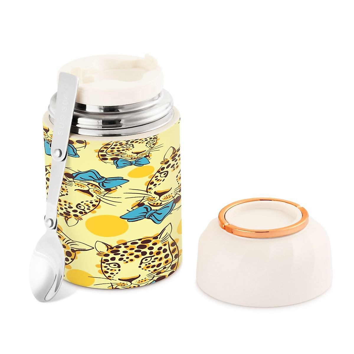 CUPADA Trendy Leopard Bow Tie Food Jar for Hot and Cold, Funny Animals Head Insulated Food Jars Vacuum 17OZ with Folding Spoon for Work Trip Picnic Camping