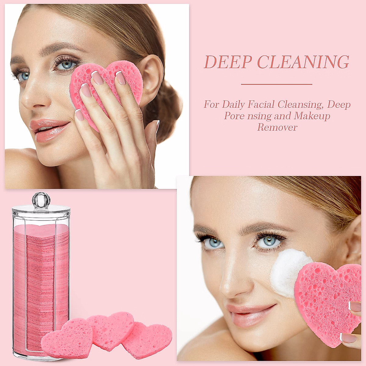 Sieral 120 Pcs Compressed Facial Sponges with Container Face Sponge Disposable Sponge Pads for Washing Face Cleansing Exfoliating Esthetician Makeup Removal(Pink, Heart)