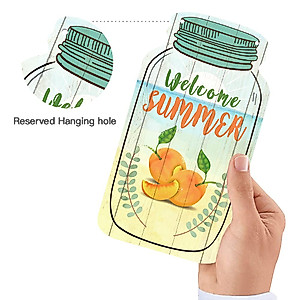 Putuo Decor Yellow Peach Mason Jar Sign, Summer Fruit Decorations for Garden, Yard, Patio, Porch, Front Door, 8.3x4.5 Inches Hanging Wall Plaque - Welcome Summer