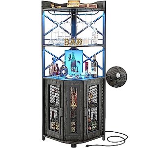 Aheaplus Corner Bar Cabinet with Power Outlet, Industrial Wine Cabinet with LED Strip and Glass Holder, 5-Tiers Liquor Cabinet Bar Unit for Home, Corner Display Cabinet for Small Space, Grey Oak