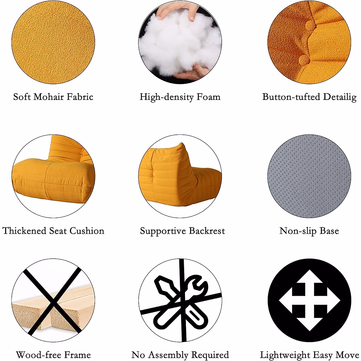 JACH 34" Comfy Lazy Floor Sofa Couch, Teddy Velvet Mohair Fireside Corner Bean Bag Chairs for Adults, Soft Lounge Foam-Filled Accent Single Chair for Living Room Bedroom Office Salon (Yellow)