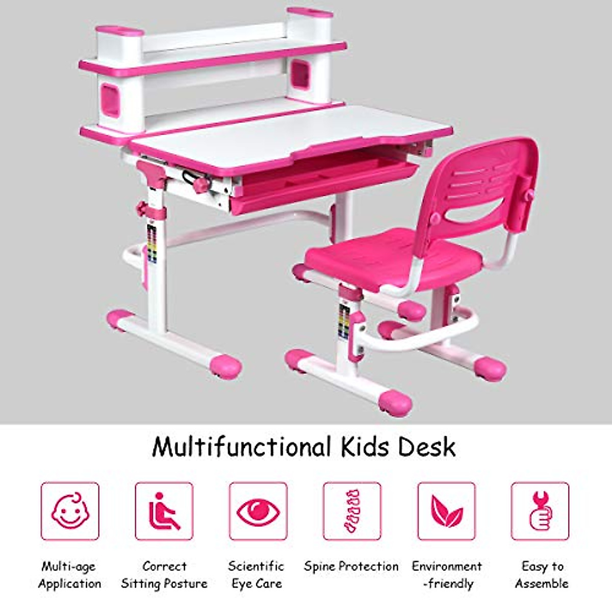 BABY JOY Kids Desk and Chair Set, Height Adjustable, Student Study Table with Storage Drawer, Bookshelf and Tilted Desktop, Children Writing Table for Studying, Reading and Drawing (Pink)