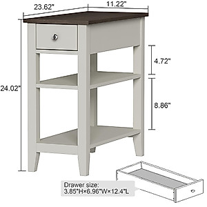 ChooChoo Side Table Living Room Set of 2, Narrow End Table with Drawer and Shelf, 3-Tier Sofa End Table for Small Space, White and Brown