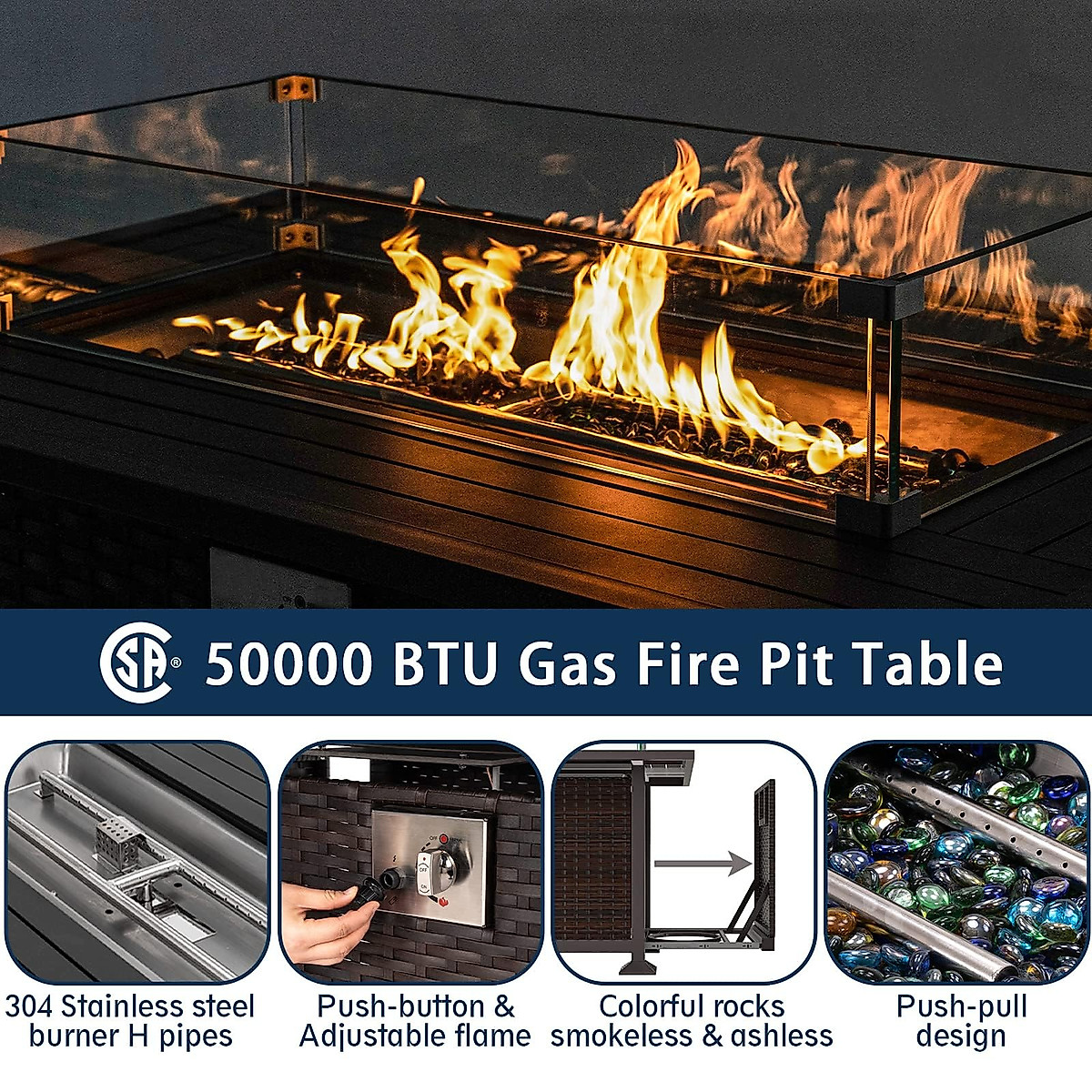 Amopatio Patio Furniture Set with Fire Pit Table, 8 Pcs Aluminum Outdoor Sectional Metal Modern Patio Sofa Sets, 44" Gas Fire Pit Conversation Set for Yard, Dark Grey(Included Waterproof Covers)