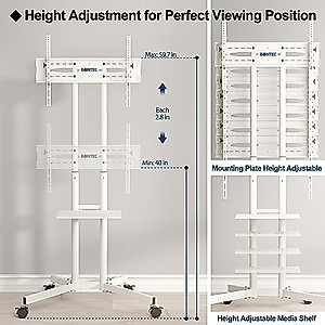 BONTEC Tilt Rolling TV Stand for 32-85Inch LED, LCD, OLED,4k TVs, Mobile Height Adjustable TV Cart with Laptop Shelf and Locking Wheels, Holds Up to 132lbs, Max VESA 600x400mm, White