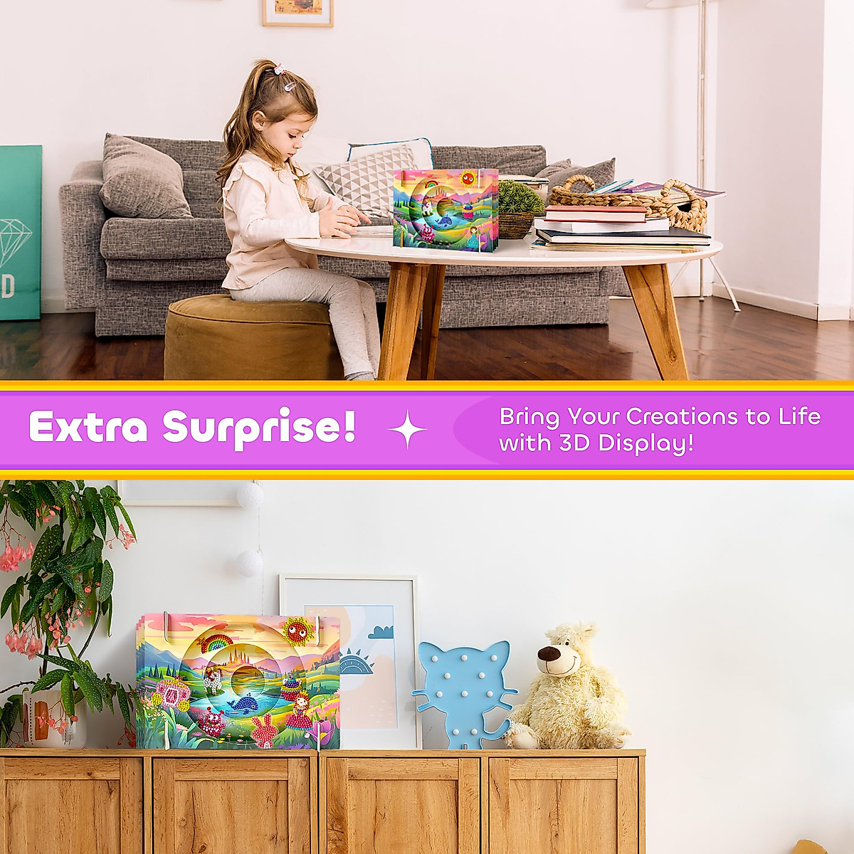 Diamond Art Painting Stickers Kits, 56 PCS 5D DIY Diamond Art Stickers for Beginners, Cute Animals, Princesses, Unicorns Gem Stickers Crafts for Kids, Gift for Girls (with 3D Background Display Card)