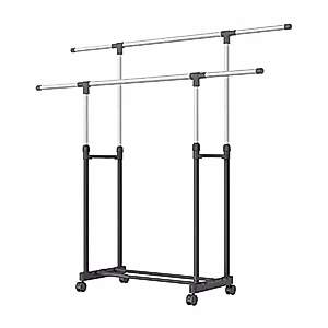 Double Rod Portable Clothing Hanging Garment Rack, Rolling Clothes Organizer, Height Adjustable Clothing Hanger Organizer with Lockable Wheels, for Hanging Clothes