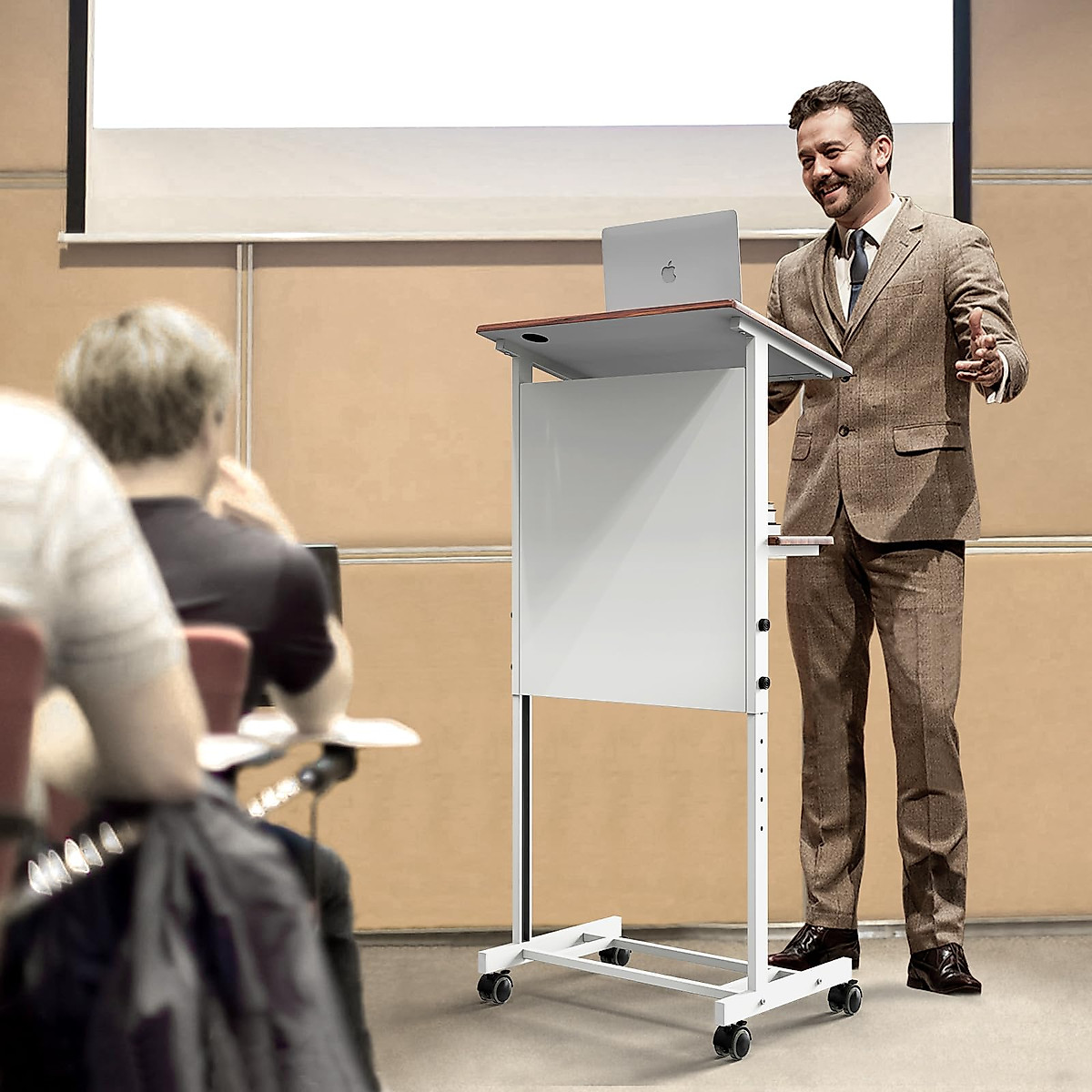 Bonnlo Mobile Stand Up Lectern Height Adjustable Podium with Wheels, Portable Heavy Duty Desk, Church Pulpit or Ceremony, Classroom Lecture Speech Teach Platform, Walnut Tabletop and White Steel Frame