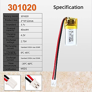 AKZYTUE 3.7V 40mAh 301020 Lipo battery Rechargeable Lithium Polymer ion Battery Pack with PH2.0mm JST Connector